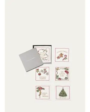 KIM SEYBERT Merry And Bright Embroidered Cocktail Napkins, Set Of 6 - White/red