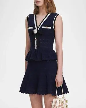 SELF-PORTRAIT Pointelle Knit Peplum Mini Dress - Navy