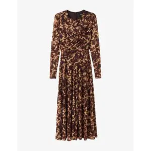 Whistles Abstract Animal Long-sleeve Stretch-mesh Midi Dress - Brown/multi