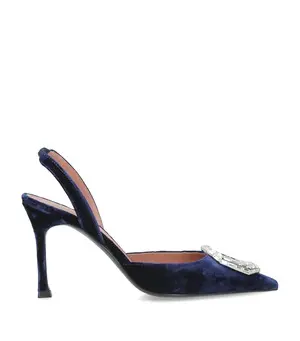 Amina Muaddi Velvet Camelia Slingback Pumps 90 - Blue