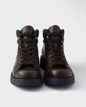 Prada Lace-up Leather And Re-nylon Booties