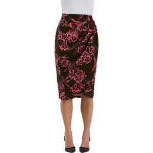 24SEVEN COMFORT APPAREL Elevate Elastic High Waist Knee Length Pencil Skirt - Brown Multi
