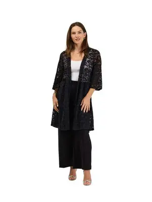 24SEVEN COMFORT APPAREL Elevate Lace Open Front Three-quarter Sleeves Jacket - Black