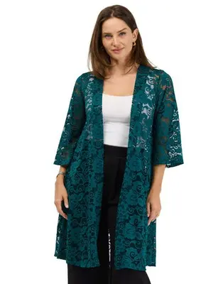 24SEVEN COMFORT APPAREL Elevate Lace Open Front Three-quarter Sleeves Jacket - Emerald