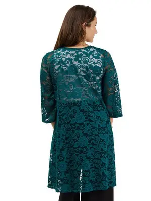 24SEVEN COMFORT APPAREL Elevate Lace Open Front Three-quarter Sleeves Jacket - Emerald