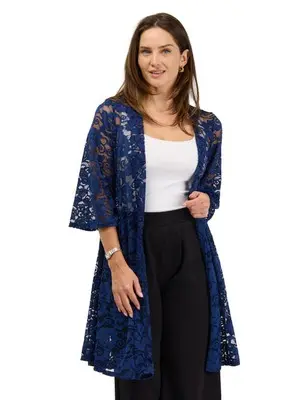 24SEVEN COMFORT APPAREL Elevate Lace Open Front Three-quarter Sleeves Jacket - Navy