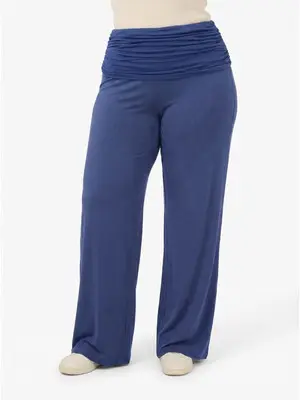 24SEVEN COMFORT APPAREL Basic Curvy Soft Stretch Ruched Waist Wide Leg Pants - Denim