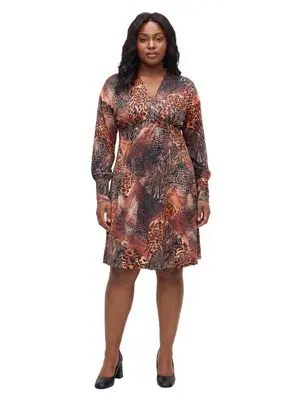 24SEVEN COMFORT APPAREL Elevate Curvy Long Sleeve V Neck Empire Waist Knee Length Flare Dress - Brown Multi