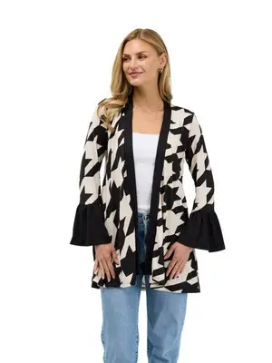 24SEVEN COMFORT APPAREL Essential Soft Stretch Bell Sleeve Open Front Jacket - Beige Multi