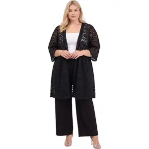 24SEVEN COMFORT APPAREL 24seven Comfort Elevate Curvy Lace Open Front Three-quarter Sleeves Jacket Black