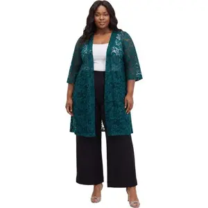 24SEVEN COMFORT APPAREL 24seven Comfort Elevate Curvy Lace Open Front Three-quarter Sleeves Jacket Emerald