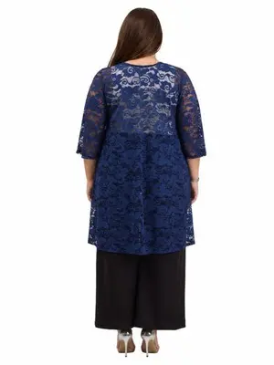 24SEVEN COMFORT APPAREL 24seven Comfort Elevate Curvy Lace Open Front Three-quarter Sleeves Jacket - Navy