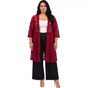 24SEVEN COMFORT APPAREL 24seven Comfort Elevate Curvy Lace Open Front Three-quarter Sleeves Jacket - Wine