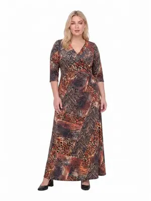 24SEVEN COMFORT APPAREL Elevate Curvy Mid Sleeve V Neck Wrap Waist Slit Long Dress - Brown Multi