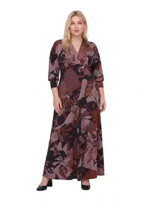 24SEVEN COMFORT APPAREL Elevate Curvy V Neck Three-quarter Sleeve Maxi Dress - Brown Multi