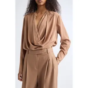REISS Lauren Drape Silk Top - Camel
