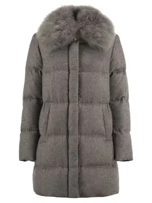 Herno Long Silk And Cashmere Down Coat With Fur Collar