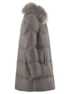 Herno Long Silk And Cashmere Down Coat With Fur Collar
