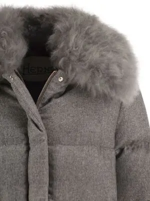 Herno Long Silk And Cashmere Down Coat With Fur Collar