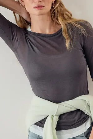 Free People Stackable Sheer Half-sleeve Shirt - Thunderstorm