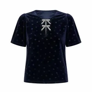YUMI Navy Velvet Heart Top With Bow Detail