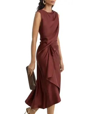 REISS Satin Gathered Waist Midi Dress