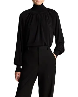 Vince Rib Trim Long Sleeve Gathered Turtleneck Top - Black