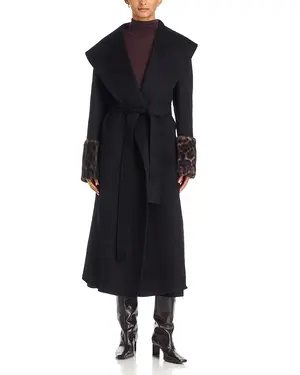 Apparis Jill Wool Faux Fur Trim Belted Long Coat - Noir/dark Leopard
