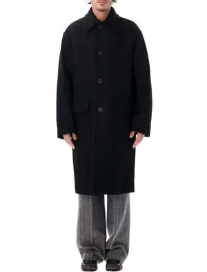 Dries Van Noten Wool-blend Long Straight Patch Pocket Jacket With Pointed Collar
