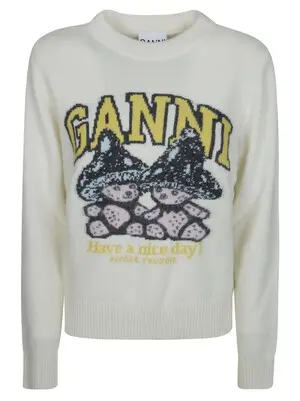 GANNI Graphic Wool Teddy Mushroom Sweater - Beige