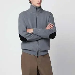 ROBERTO COLLINA Mélange Wool Zip-up Cardigan With High Neck And Elbow Patches - Grey