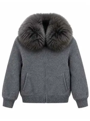 YVES SALOMON Wool Bomber Jacket With Fox Fur Trim, Welt Pockets & Ribbed Cuffs - Grey