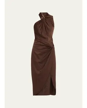 Aidan Mattox Pleated Bodycon Crepe Back Satin Midi Dress - Espresso