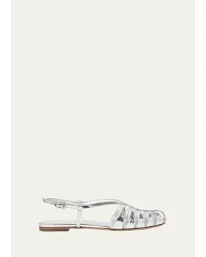FERRAGAMO Lylly Metallic Patent Leather Caged Flat Sandals - Argento