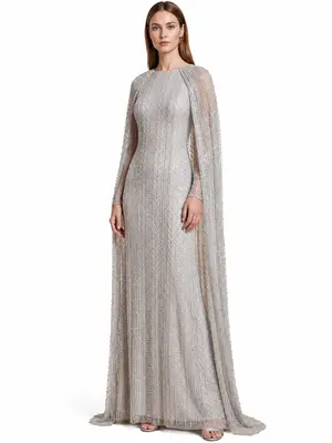 LARA NEW YORK High Neck Linear Beaded Dress With Long Cape - Silver