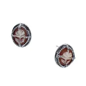 GEM KINGDOM Italian Flower Cameo Stud Earrings Red - Red/silver