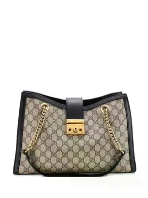 Gucci Padlock Chain Gg Coated Canvas With Leather Medium Tote Bag - Black