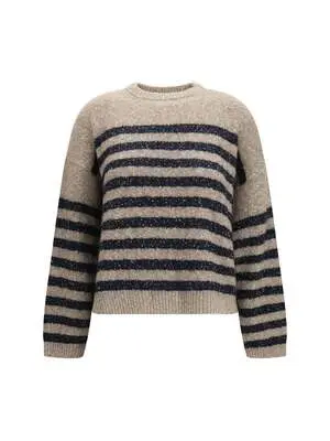 Brunello Cucinelli Cashmere And Wool Striped Sweater With Lurex - Cream