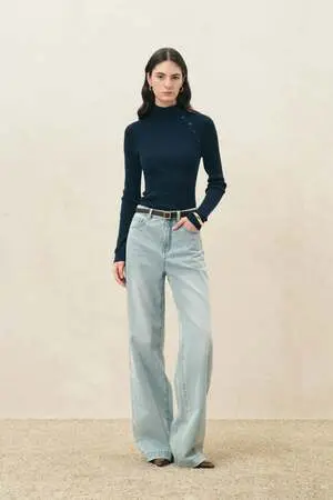 Fabrique Abigail Asymmetric Button Top In 100% Wool - Blue