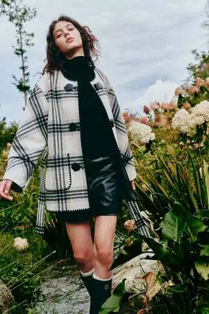 Fabrique Abigail Embroidery Plaid Belted Coat In Wool Blend