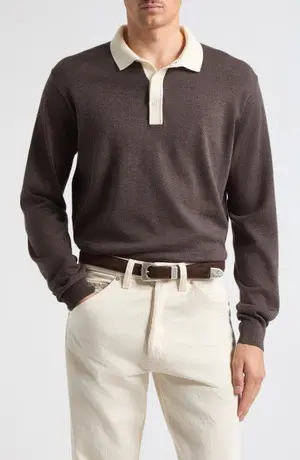 DRAKE'S Merino Wool Knit Rugby Shirt - Brown 300