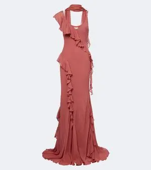 DE LA VALI Mayara Ruffled Scarf-detail Georgette Gown - Pink