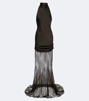 DE LA VALI Eldra Ruched Lace-trimmed Satin Maxi Dress - Brown