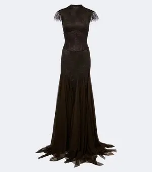 DE LA VALI Zephyra Lace And Tulle Gown - Brown