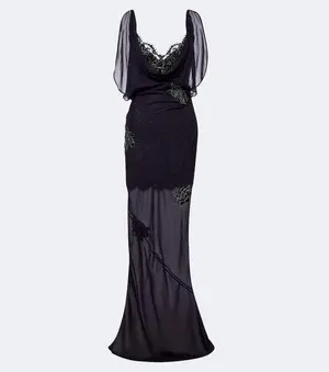 DE LA VALI Emerald Lace-trimmed Georgette Gown - Blue