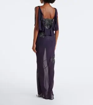DE LA VALI Emerald Lace-trimmed Georgette Gown