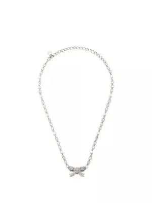 SELF-PORTRAIT Crystal Pearl Bow Necklace - Silver