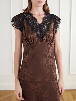 Veronica Beard Pascaline Lace-trimmed Floral-jacquard Silk-blend Satin Blouse - Brown