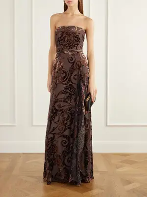 Elie Saab Strapless Belted Devoré Silk-blend Velvet Gown