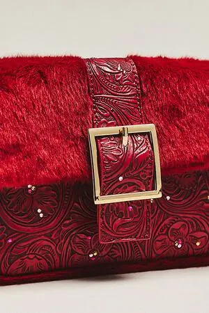 Maeve Fiona Faux Fur Buckle Shoulder Bag - Red